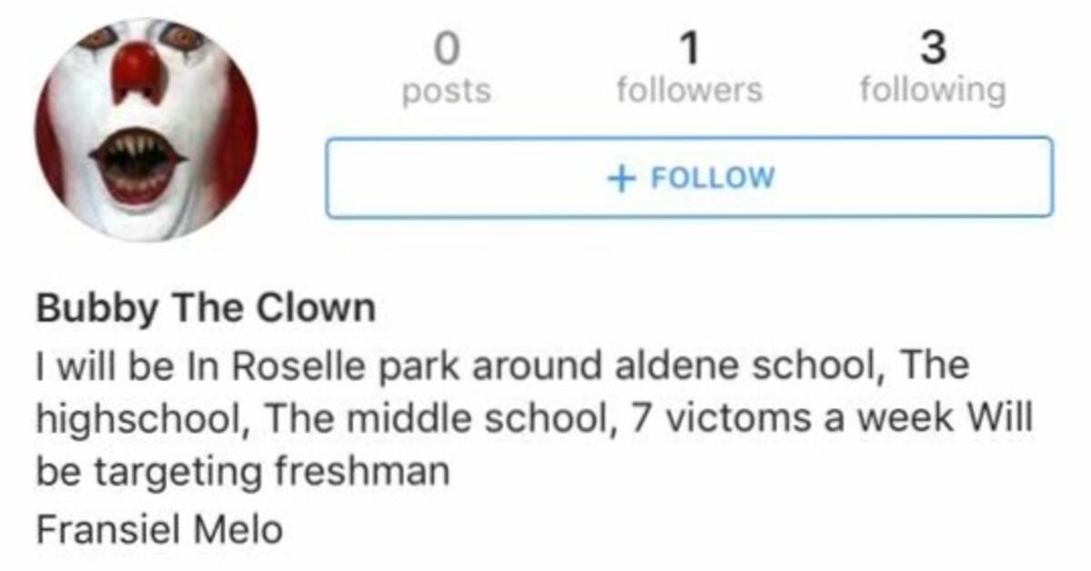 14-Year-Old Allegedly Behind Clown Post on Social Media in Roselle Park